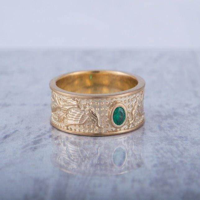 Handcrafted 14K Gold Viking Firebird Ring | Green Cubic Zirconia ...