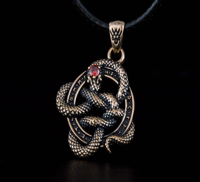 Norse Runes Snake Pendant | Bronze Necklace with Red Cubic Zirconia ...
